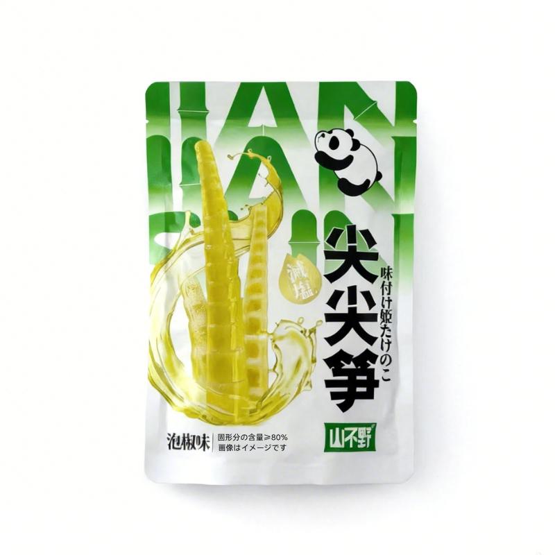 商品情報 名称 山不野 尖尖笋（泡椒味）150g 保存方法 常温で保存してください。 内容量 150g ブランド 山不野 原産国 中国 特徴 シャキッとした食感が楽しめる、たけのこスナックです。たけのこの歯ごたえに、泡椒のピリッとした辛さと...