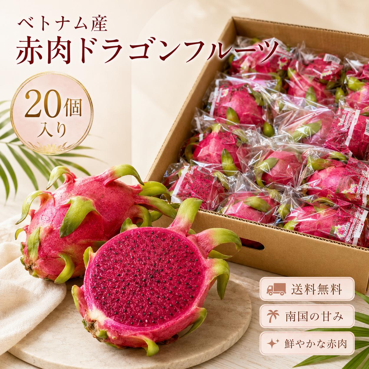 商品情報 名称 ベトナム産 レッドドラゴンフルーツ 保存方法 常温で保存してください。 保存期間 枠に記載 内容量 10個セット/20個セット ご注意 ・農産物のためサイズや形にばらつきがございます。 ・入荷状況により色や大きさが異なる場合...