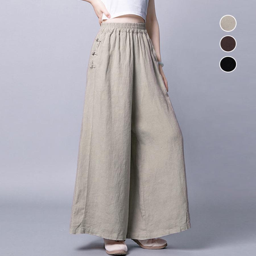 素材:綿＋麻カラー：ブラック/ベージュ/ブラウンサイズ：ワンサイズ着丈:約94cm 股下:約62cm ウエスト(ゴム仕様):約58-92cm ヒップ:約96cm もも周り:約60cm裏地：なし伸縮性：なし透け感：なし生産国：中国ウエストゴム...