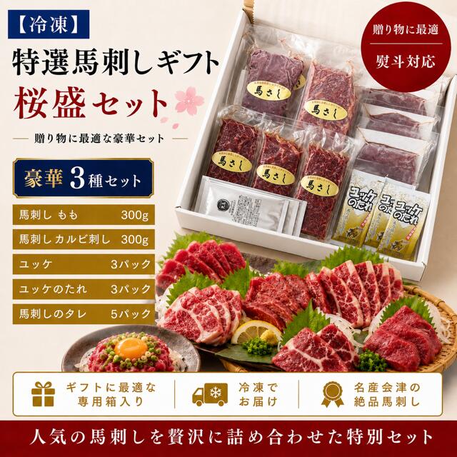 大家族の方や、馬刺し大好物の方へのギフトに最適なセット【桜盛】をつくりました！ さっぱりした赤身馬刺しをたっぷり300g(6人前)と 当店イチオシの希少部位カルビ馬刺し！甘味豊富なバラ肉の馬刺しです！ 人気の桜ユッケもタレ付きで3P入りです...