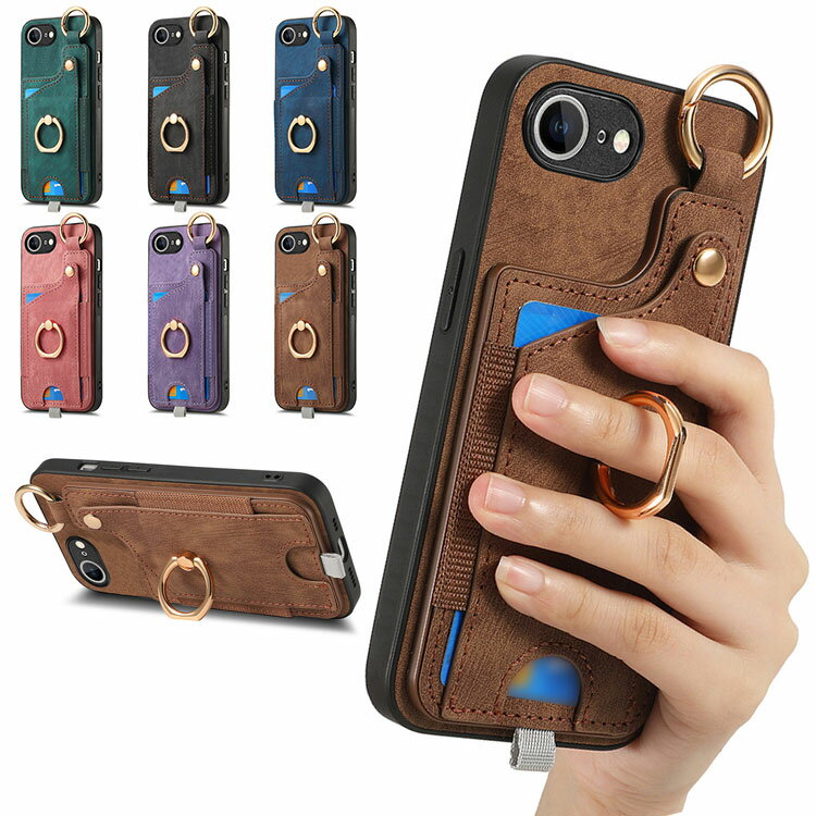 iPhone16e 背面PUレザーケースiPhone16e ケース 耐衝撃 カバー PUレザー カード収納 一体型リング付き 片手持ちに便利なハンド スタンド機能 Appleアップル アイフォン 16e おすすめ おしゃれ アイホン アイフ...