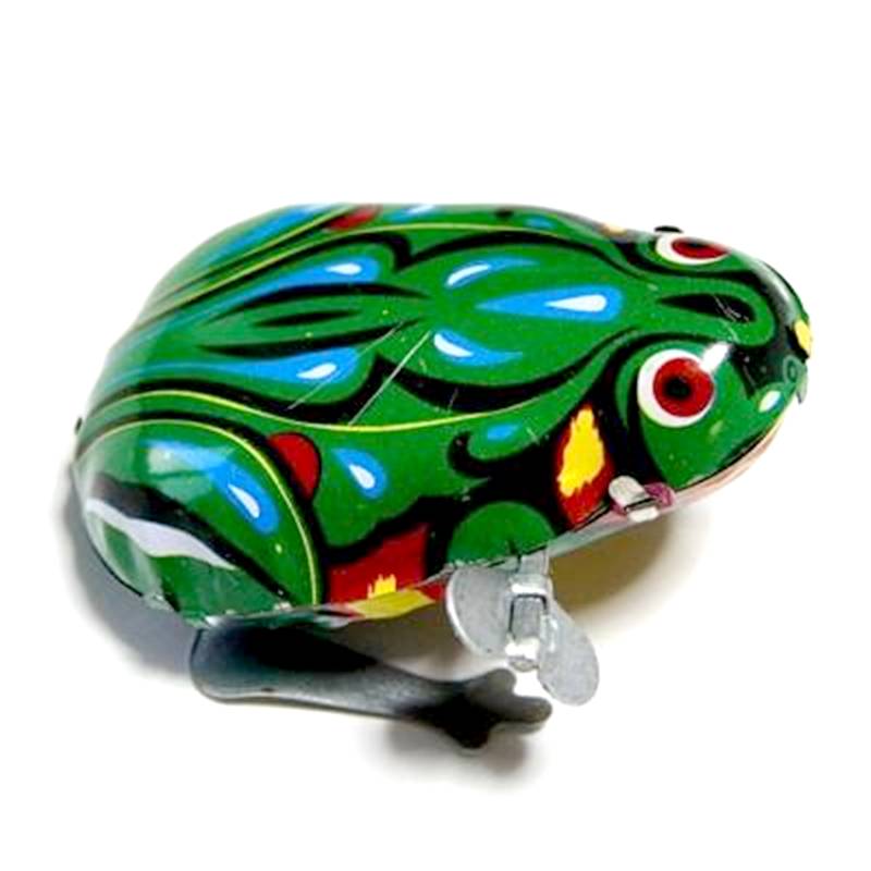 ゼンマイを巻くと飛び跳ねて前進する、レトロなブリキおもちゃです。大きさ：約5〜6cm　