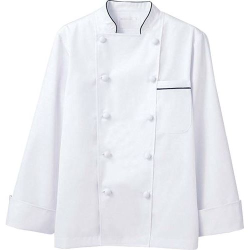 商品情報商品名：コックコート(男女兼用)6－973 白／黒 Lメーカー型番：5719870JANコード：-入り数：1サイズ(外寸mm)：肩巾46×胸囲112×着丈72×袖丈58(cm)サイズ(内寸mm)：-重量：-材質：クールボディバーバリ...