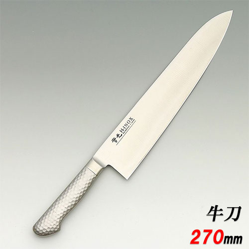 商品名：モナカ ツバ付 牛刀包丁 270寸法：刃渡り:270mmメーカー：堺實光送料区分：お届け数（合計）：1材質・素材：刀身:両刃、モリブデン鋼柄部:ステンレス商品コード：bc1-51407JAN：4974158514077商品コメント世...