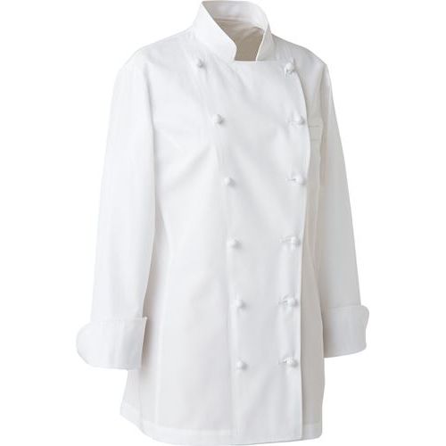 商品名：コックコート（女性用）サイズ：5～15生地：超長綿ツイル素材1：綿//混率：100%注意事項：この商品は洗濯方法によっては多少縮むことがあります。タンブラー乾燥はお避けください。//商品仕様：左胸箱ポケット、内掛けボタン、共布くるみ...