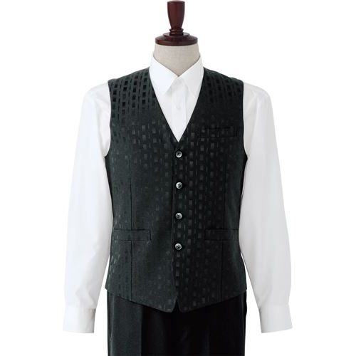 商品名：ベスト（男性用）サイズ：S～3L生地：ジャガード素材1：綿//混率：50%素材2：ポリエステル//混率：50%商品仕様：後ろ身頃無地素材左胸ポケット左右腰ポケット内ポケットバックル付ベルト総裏仕立て/デザインポイント：○ノンカラー4...