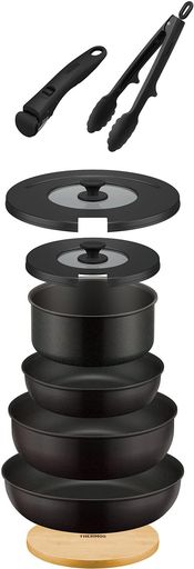 サーモスの取っ手のとれるフライパン・鍋セット IH対応モデル セット内容:フライパン20cm、フライパン26cm、鍋18cm、炒め鍋24cm、フライパン専用フタ20/24cm用、鍋専用フタ18cm用、専用取っ手、ナイロントング、木製プレート...
