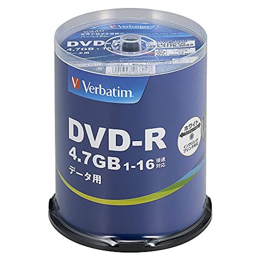 CPRM非対応 容量:4.7GB 品種:データ用 DVD-R 盤面印刷:○(ホワイト) / 範囲:22mm-118mm(ワイド) 倍速:1-16倍速、ケース:スピンドルケース、入り数:100枚 1回記録用 ワイド印刷エリア対応