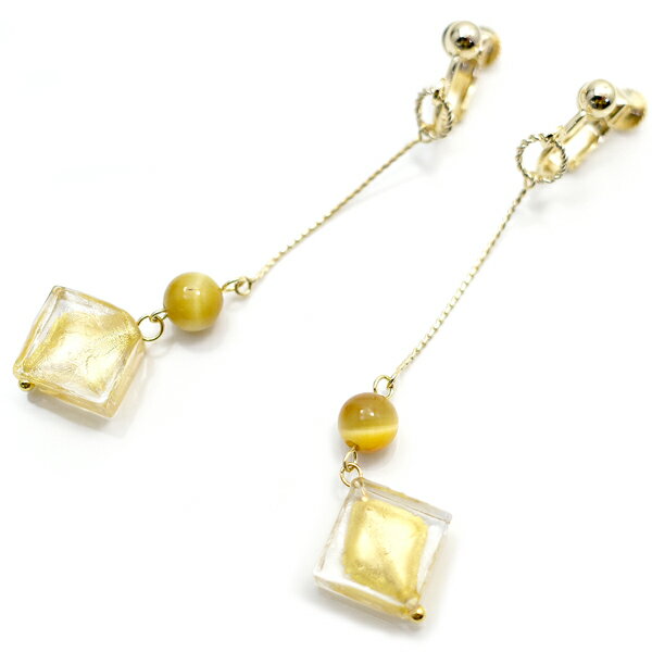クエア型ヴェネチアンガラスとゴールデンタイガーアイのロングイヤリング ヴェネチアンガラスの、ハンドメイドの味わいと、 スッキリした印象の両方が楽しめる、ロングイヤリングです。 ヴェネチアンガラスとゴールデンタイガーアイの色合いなど、 細かい...