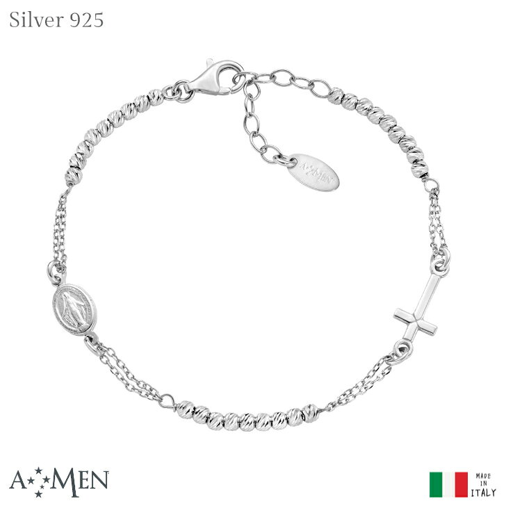 イタリアの【AMEN】のロジウムメッキを施したスターリングシルバー製のブレスレット。 2.5mmのマルチダイヤモンドカットビーズ、十字架、そして不思議のメダイがあしらわれています。 ロザリオからインスピレーションを得たこのブレスレットは、繊...