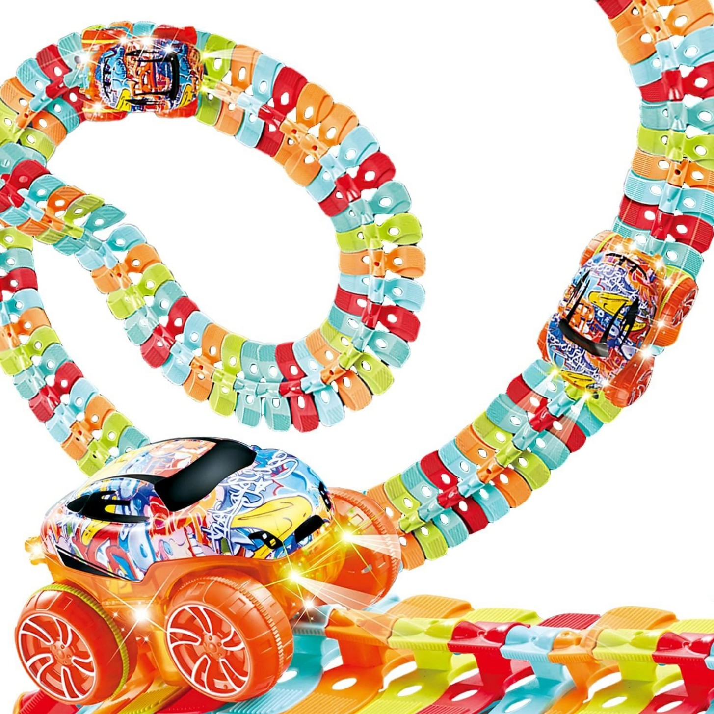 【レールの上を走る車おもちゃ】車はレールの上を走ることができ、レールは曲げたり、スナップしたりして、さまざまな形に変形することができます。屋内はもちろん、屋外スペースをDIYのトラックコースに変え、そびえ立つトラックや360°ループを構築し...