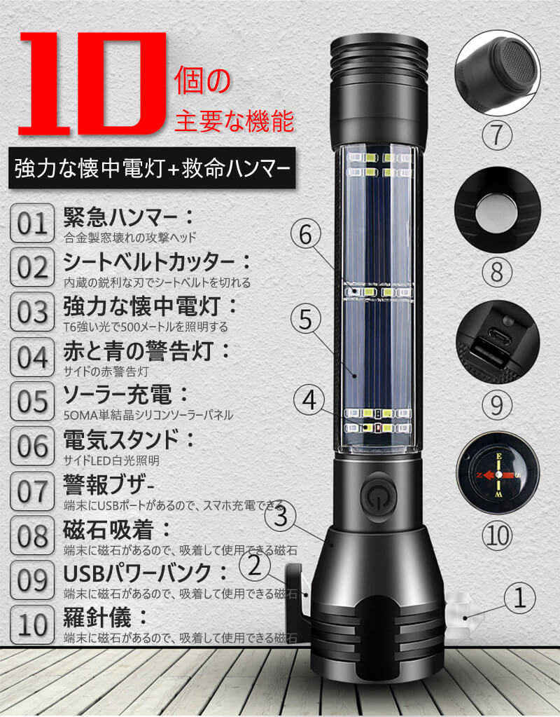 製品パラメータ 手動測定で若干の誤差があうので、ご了承ください。 照射範囲：300-500メートル チップ：T6灯芯 フォーカス：回転でフォーカス バッテリー：内蔵の充電式リチウムバッテリー バッテリー寿命：10?20時間 段階：強い光、中...