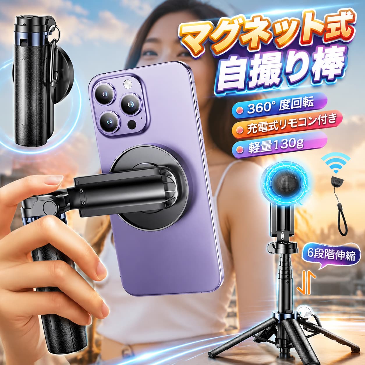 ★製品名・マグネット式自撮り棒（MagSafe対応） ★Bluetooth名称・Selfie★伸縮範囲・11.7cm~48cm(6段階式伸縮可能)★本体重さ・130g★耐荷重・最大250gまで ★リモコン適応範囲・15m★適応バージョン・A...
