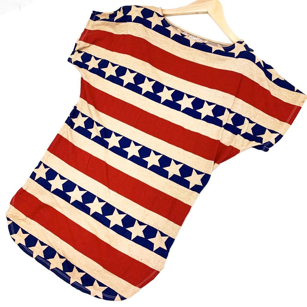 ■ザラベーシック ZARA BASIC 【好デザイン♪】星条旗柄 USA アメリカ スター柄 ロング丈 Tシャツ チュニック M-28■D ブランドザラベーシック サイズ表記・実寸（平置き計測）表記：M-28 実寸： 着丈79cm 身幅54...