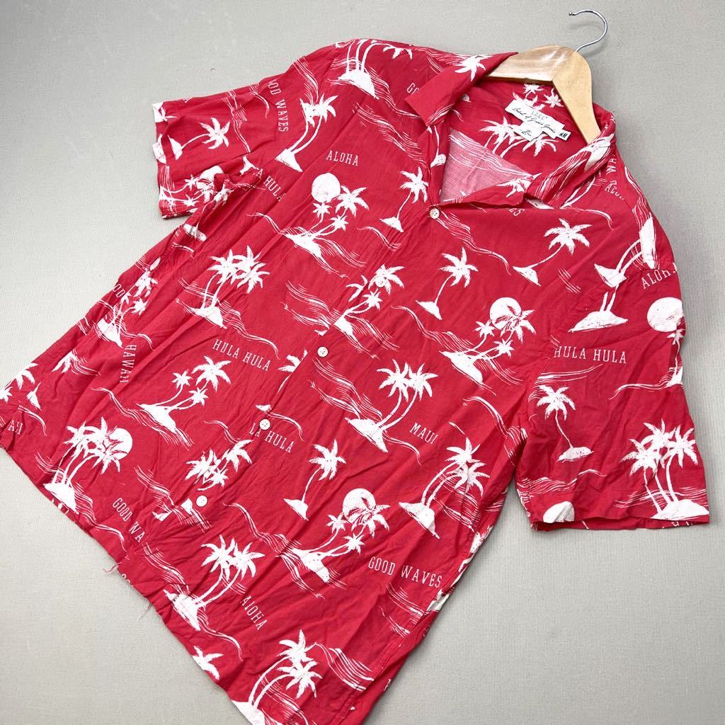 H&M ☆ レーヨン アロハシャツ ハワイアンシャツ レッド ホワイト ヤシ柄 L ALOHA ★ MAUI ★ HULA HULA リゾート 定番スタイル♪■AD174 ブランドH&M サイズ表記・実寸（平置き計測）表記：US L 実寸：...