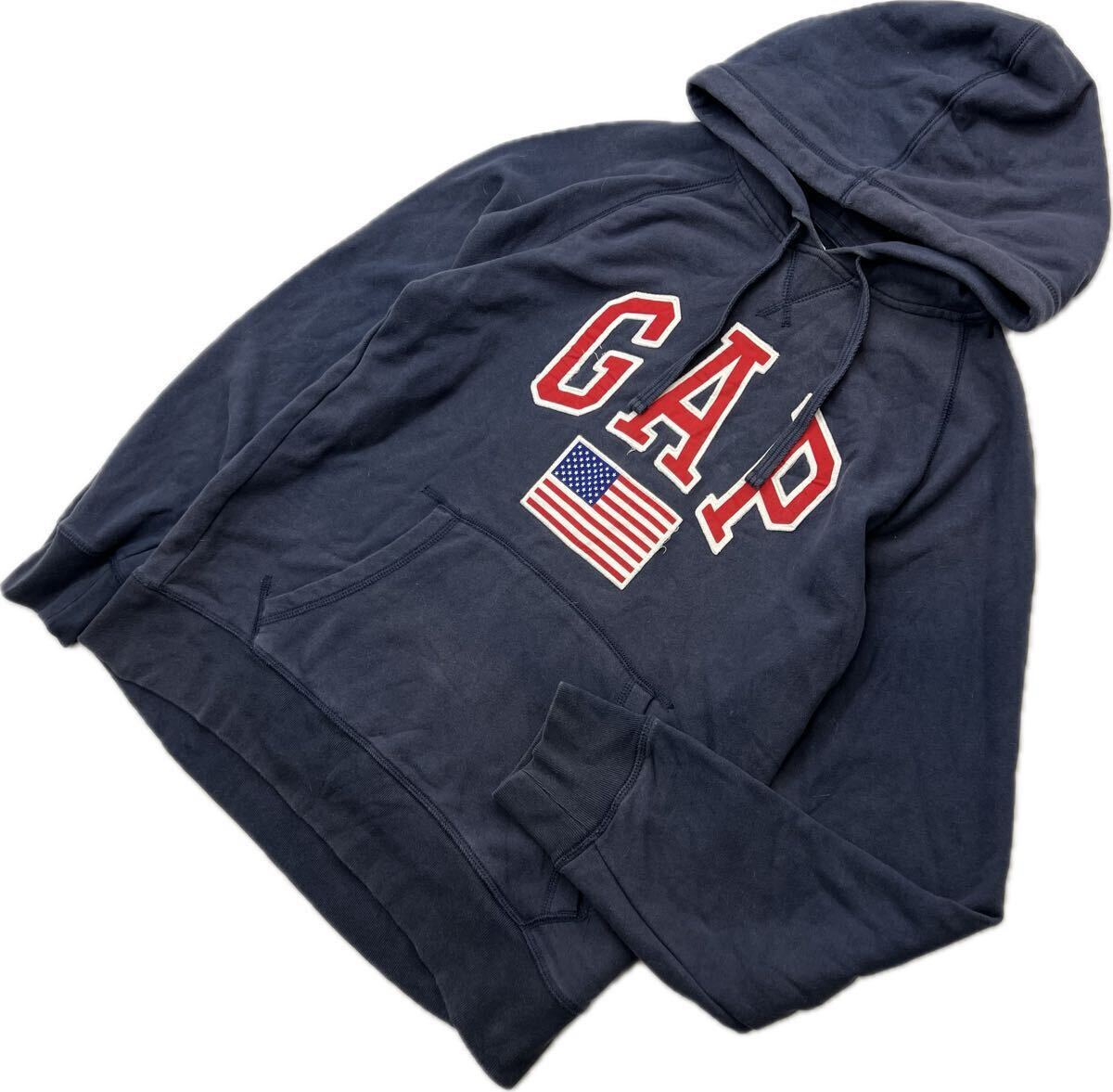 GAP ☆ ギャップ USA アメリカ国旗 ロゴ スウェット パーカー ネイビー メンズ M 秋冬 大定番 シティ アメカジ ストリート 古着■FC210 ブランドGAP サイズ表記・実寸（平置き計測）表記：M 実寸： 着丈69cm 身幅5...