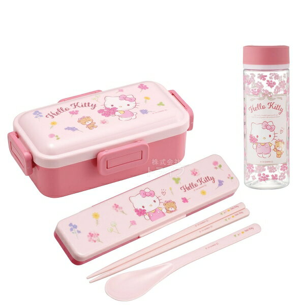 ハローキティのお弁当箱セットです。4点ロックのお弁当箱は、しっかりフタが出来るので汁漏れも安心◎お箸とスプーンのコンビセットに、コンパクトなステンレスボトル。単品で買うよりもお買得なセットをこの機会に是非どうぞ！セット内容お弁当箱×1コンビ...