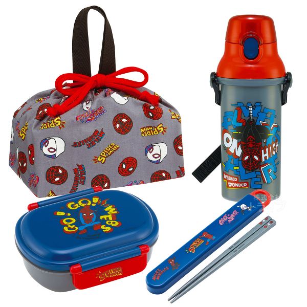 スパイダーマンの楽しいお弁当セットです！これでお弁当グッズがひと通り揃います♪ 小判型のお弁当箱は洗いやすくて人気の商品です。容量も360mlでちょうどいい！単品で揃えるよりもお買得なセットをこの機会に是非どうぞ！セット内容お弁当箱×1箸＆...
