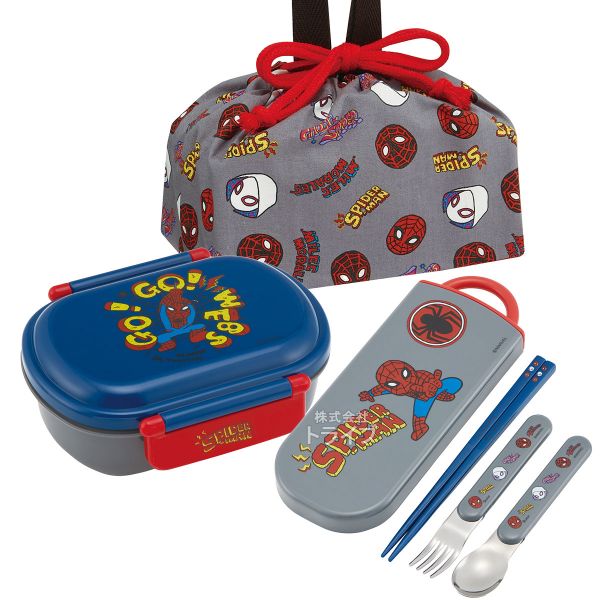 スパイダーマンの楽しいお弁当セットです！これでお弁当グッズがひと通り揃います♪ 小判型のお弁当箱は洗いやすくて人気の商品です。容量も360mlでちょうどいい！単品で揃えるよりもお買得なセットをこの機会に是非どうぞ！セット内容お弁当箱×1トリ...