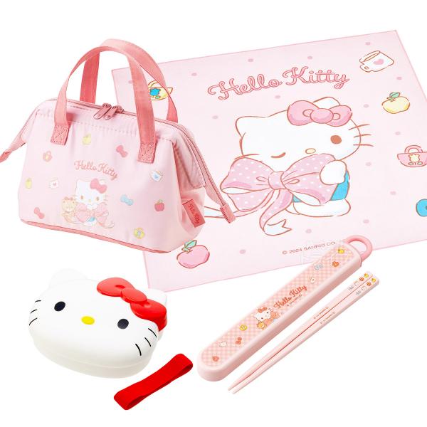 ハローキティの楽しいお弁当セットです！これでお弁当グッズがひと通り揃います♪ お顔の形をしたかわいいお弁当箱は少なめの容量で、小食なお子様や年少さん、またおかず入れやごはん持参の給食にもオススメ。単品で揃えるよりもお買得なセットをこの機会に...