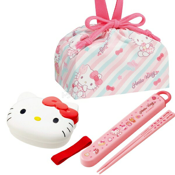 ハローキティの楽しいお弁当セットです！これでお弁当グッズがひと通り揃います♪ お顔の形をしたかわいいお弁当箱は少なめの容量で、小食なお子様や年少さん、またおかず入れやごはん持参の給食にもオススメ。単品で揃えるよりもお買得なセットをこの機会に...