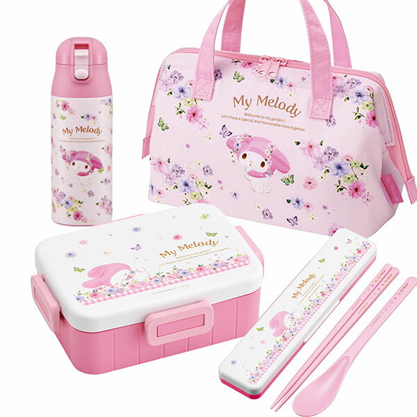 マイメロディのお弁当箱セットです。4点ロックのお弁当箱は、しっかりフタが出来るので汁漏れも安心◎お箸とスプーンのコンビセットに、コンパクトなステンレスボトル。単品で買うよりもお買得なセットをこの機会に是非どうぞ！セット内容お弁当箱×1コンビ...
