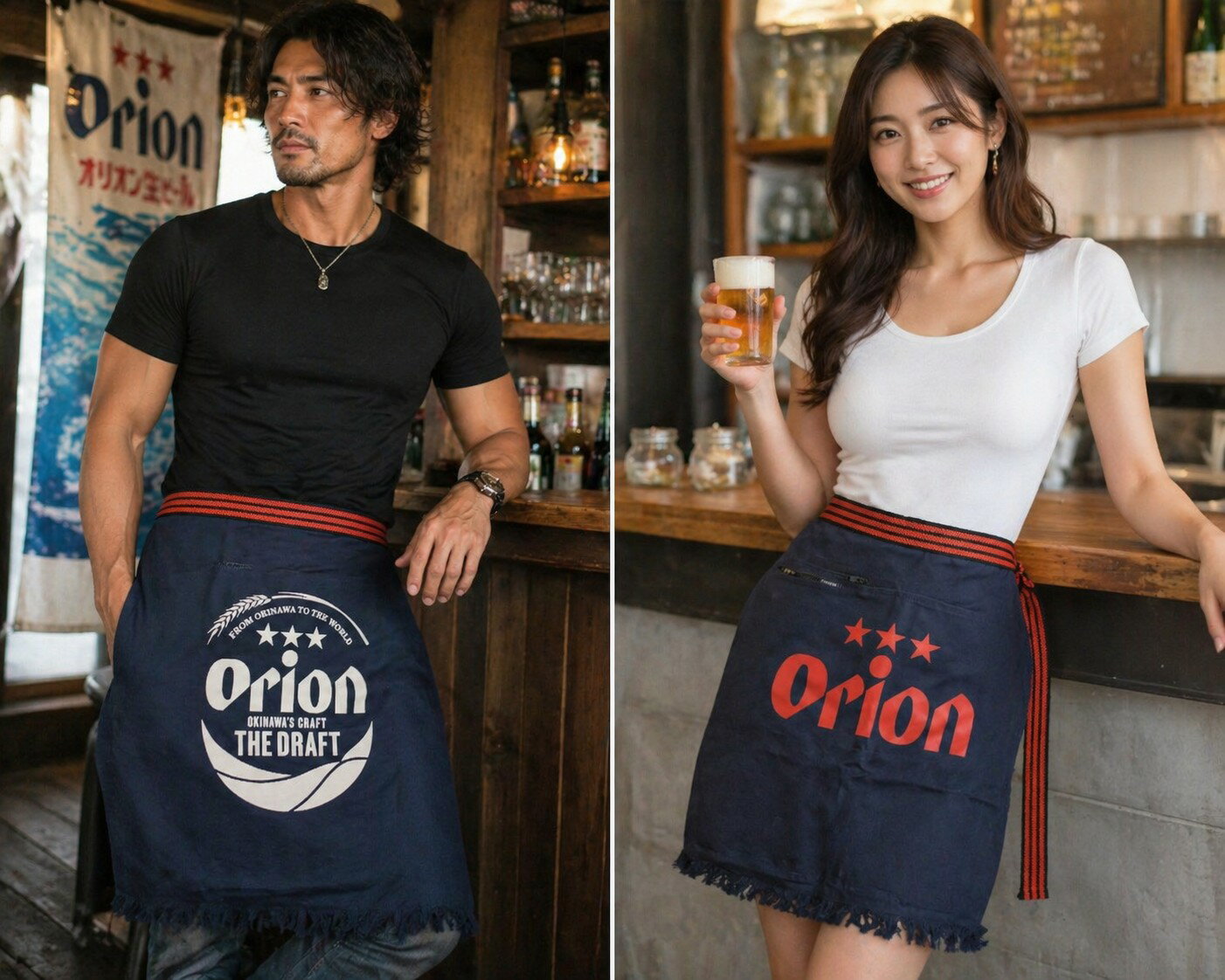 【オリオンビール公式グッズ】 オリオンビールのロゴ入りの前掛けです。 白のドラフトビールのロゴと、赤のシンプルロゴの2種類ですが、どちらもカッコイイですよ！ 横：約45.5cm 縦：約55cm 紐：約237cm エプロン 綿100% 紐 ポ...