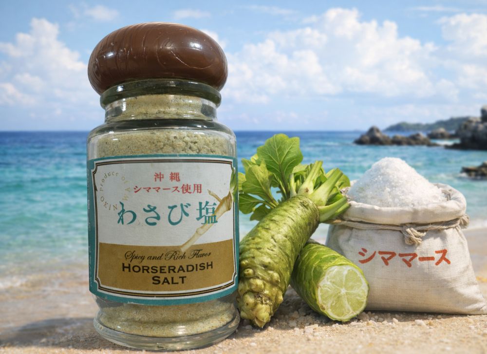 沖縄のシママースを使用。美味しいお塩とピリっとした山葵の風味がたまりません！ 揚げ物や天ぷらにパパッとふりかけるだけで、お料理がワンランクアップ間違いなし！ 通常のお塩としても、お寿司や焼き魚などの和食料理や、餃子、しゅうまいなどの中華料理...