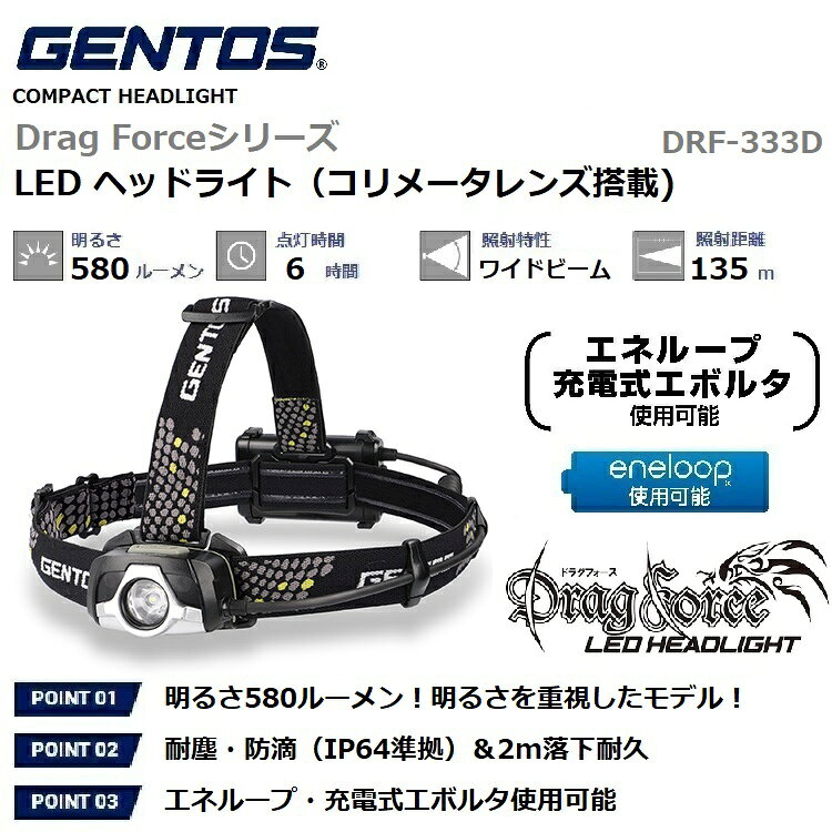 日本でトップシェアを誇るLEDライトメーカー “ジェントス GENTOS” 拡散する光を中央に集めて遠くへ光を飛ばす、コリメータレンズ搭載のLEDヘッドライト 『Drag Forceシリーズ 』！ COMPACT HEADLIGHT 80°...