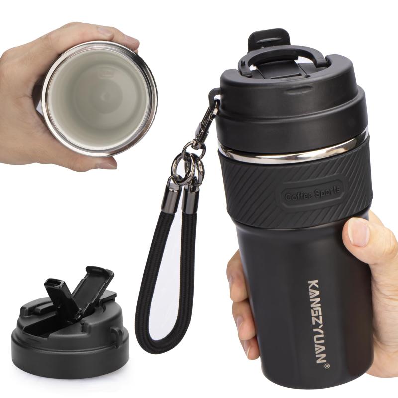 500ml コーヒータンブラー ストロー付き セラミックコーティング 真空断熱マグカップ 保温・保冷 炭酸飲料対応 洗いやすい 広口 ステンレスボトル おしゃれ 大人・子供用(1)3WAY飲み方でシーンに合わせて選べる：トロー付き、直飲み、...