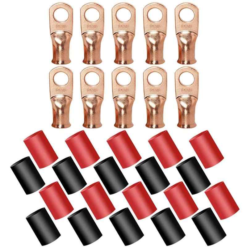 銅線ラグ 10個入り 8 A-3/8" 熱収縮セット 銅線ラグバッテリー端子バッテリーケーブル端 電線接続用 絶縁PVC 20個の熱収縮チュ一ブ 詰め合わせキットセット内容8A3/8インチリング銅線ラグが10個と、黒10個、赤10...