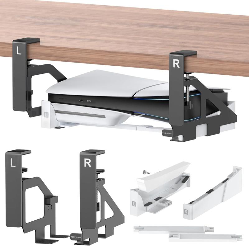 PS5 Pro/PS5 Slim/PS5対応PS5デスク下ホルダー PS5横置きスタンド デスク下 収納 穴あけ不要 プレステ5 マウント PS5周辺機器 省スペース 放熱改善 転倒防止 新型PS5スタンド PS5/PS5 スリム 版PS5...