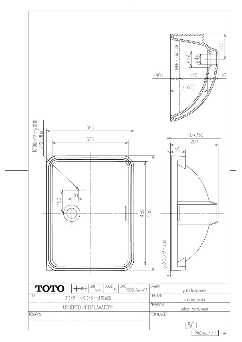 メーカー希望小売価格はメーカーカタログに基づいて掲載していますL 501 #SC1TOTO アンダーカウンター式洗面器
