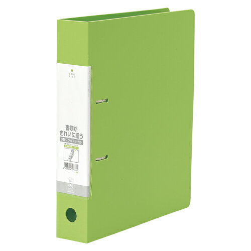 ●PP表紙 ●外寸：縦306×横265mm ●背幅：56mm ●綴じ厚：45mm ●適正収容：450枚 ●穴数：2穴 ●穴間隔：80mm ●材質：表紙＝再生PP，綴じ具＝スチール ●表紙ポケット，紙押さえ付
