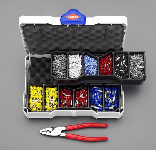 仕様：●メーカー:KNIPEX(クニペックス)●型番:979006●ケースサイズ:265×170×70(H)mm●220mm 圧着ペンチ(EA538KD)付●ケースは積重ねが可能です。●:ホワイト:抱合範囲:0.5mm2 入数:200個ライ...