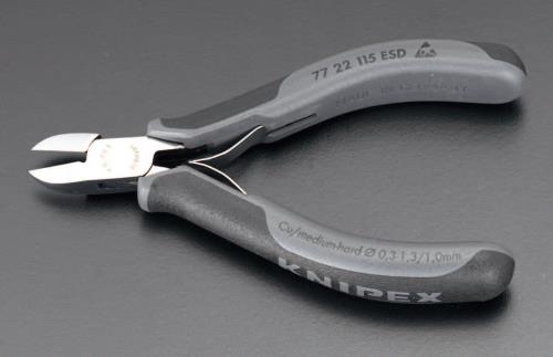 仕様：●メーカー:KNIPEX(クニペックス)●型番:7722115ESD●全長:115mm●表面抵抗:1×10^5~1×10^12Ω●仕上げ:高級磨き●切断能力:軟線φ0.3~1.3mm●刃硬度:HRC57●ハンドル:コンフォート(ESD...