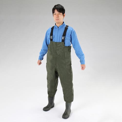 仕様：●サイズ:25.5~26cm●材質:表面:ナイロン裏面:PVCコーティングソール:PVC先芯:鋼鉄製(JIS-S級相当)●カラー:モスグリーン●総丈:138cm●腰回り:~123cm●用途:土木建設・水産業・水害等の自然災害●先芯、鉄...