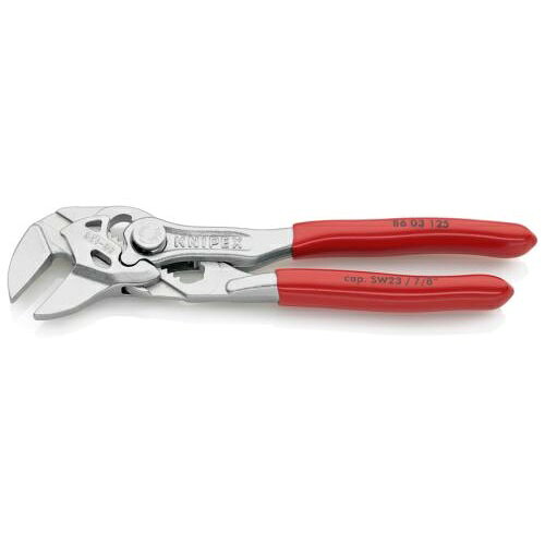 仕様：●メーカー:KNIPEX(クニペックス)●型番:86 03 125●最大開口:23mm7/8”●全長:125mm●重量:105g●ハンドル:プラスチックコーティング●仕上げ:クロムメッキ●調整段数:11●材質:クロームバナジウム鋼●指...