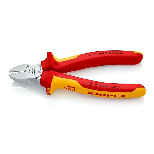 仕様：●メーカー:KNIPEX(クニペックス)●型番:70 06 160●切断能力:軟線:φ4.0mm中硬線:φ3.0mm硬線:φ2.0mm●ハンドル:コンフォート(1000V絶縁)●仕上げ:クロムメッキ●全長:160mm●重量:216g●...