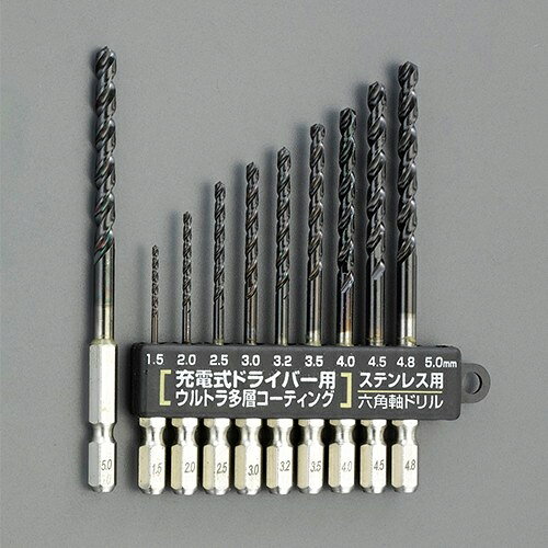 仕様：●〈セット内容〉:1.5・2.0・2.5・3.0・3.2・3.5・4.0・4.5・4.8・5.0mm (各1本)●六角シャンク:6.35mm●材質:HSS(ウルトラコーティング)●適用機種:・充電式ドライバー・充電式ドリルドライバー・...