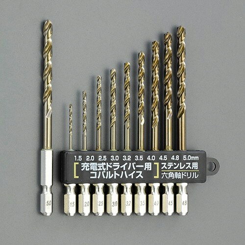 仕様：●〈セット内容〉:1.5・2.0・2.5・3.0・3.2・3.5・4.0・4.5・4.8・5.0mm (各1本)●六角シャンク:6.35mm●材質:CO-HSS(コバルトハイス)●適用機種:・充電式ドライバー・充電式ドリルドライバー・...