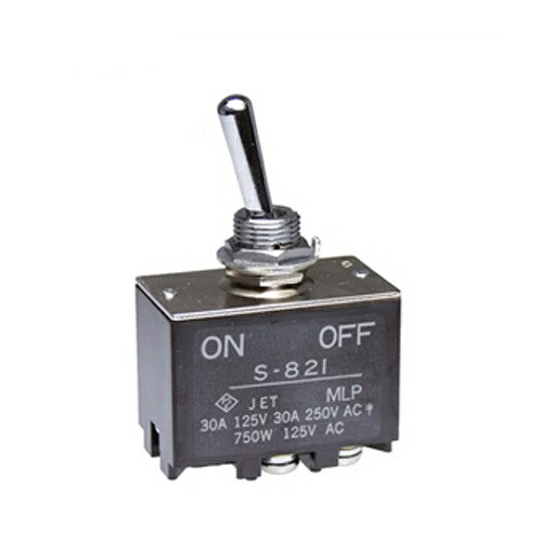 仕様：●メーカー:NKKスイッチズ●型番:S-821●接点容量:30A 125V AC30A 250V AC30V 30A DC1A 125V DC●極数:2極単投●スイッチ特性:ON-OFF●操作部形状:レバー形●端子部形状:はんだ端子●...