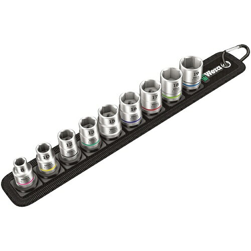 特長：B 4 サイクロップシリーズ。3/8”ソケット9点セット。丈夫な布製ソケットレールベルト付き。ツイストロックはソケットの保管を容易にします。Take it easy色分けシステム：形状によって色分けされています。壁、棚、台車、Wera...