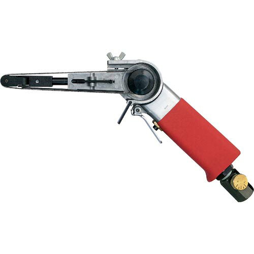 特長：ベルト変換ワンタッチ機構付です。ベルトペーパーの寿命を延ばす冷却用排気口付です。アームの角度は調整可能です。回転速度調節ができるエアーレギュレーター付です。用途：金属加工のバリ取り作業から仕上げ作業に。自動車板金のサビ取り溶接のビード...