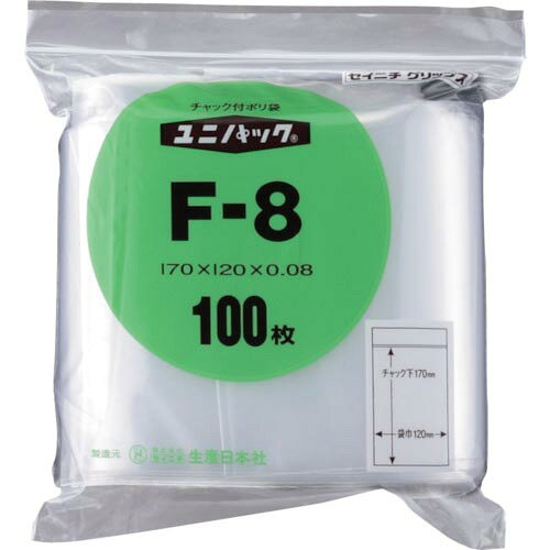 特長：フィルム厚0.08mmの耐衝撃性に優れたチャック付ポリエチレン袋です。用途：部品などの保管、管理。仕様：色：透明縦(mm)：170横(mm)：120厚さ(mm)：0.08食品衛生法適合（ポジティブリスト適合）材質／仕上：ポリエチレン（...
