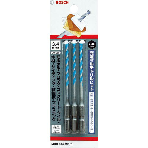 特長：バッテリーインパクトドライバーでいろいろな材料に、簡単に穴あけができます。用途：被削材:モルタル、ブロック、石こうボード、ALC、レンガ、陶器タイル、木材、プラスチック、コンクリート、アルミ、鉄、瓦。仕様：刃径(mm)：3.4有効長(...
