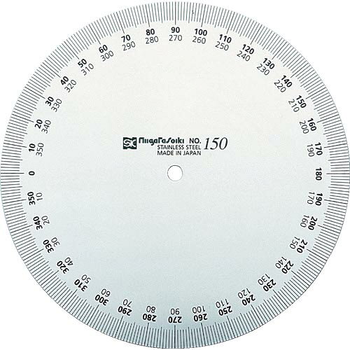 特長：治具や機械に取り付けての使用ができます。安心の日本製です。用途：角度の測定に仕様：直径(mm)：150精度：±20目量(kg)：1°厚さ(mm)：1.5全長(mm)：150器差(分)：±20半径(mm)：75分度板厚さ(mm)：1.5...