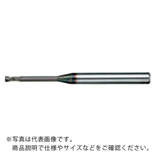 特長：高硬度材の直彫り加工に最適な無限コーティングプレミアム 2枚刃ロングネックスクエアエンドミルです。用途：被削材:調質鋼、焼入れ鋼、チタン合金。金型及び部品の切削加工。仕様：切削径DC(mm)：0.8最大切込みAPMX(mm)：0.65...
