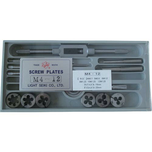 特長：多様なサイズが入っているので様々な作業に適しています。用途：ねじ山修正。仕様：中タップ：M4×0.7／M5×0.8／M6×1.0／M8×1.25／M10×1.25／M12×1.5　各1本ダイス25径：M4×0.7／M5×0.8／M6×...