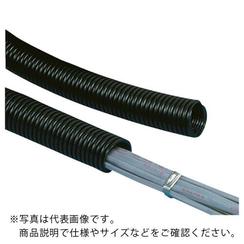 特長：よじれず柔軟性があります。耐衝撃、耐摩耗に優れています。用途：電線、ケーブルの保護および摩耗防止に。仕様：色：ブラック長さ(m)：30.48内径(mm)：13.0外径(mm)：16.6屋内用使用温度範囲：-40〜50℃材質／仕上：ポリ...